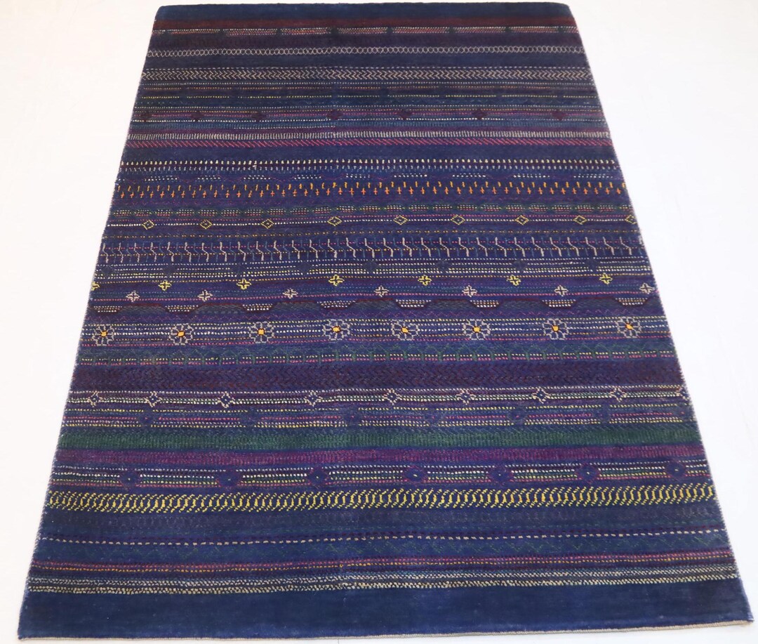 Royal Blue Gabbeh 4x6 Area Rug - Afghan Handmade Striped Lori Baft ...