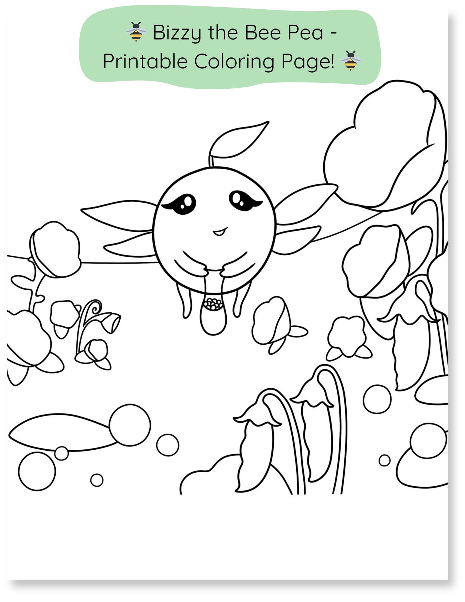 Bizzy the Bee Pea - Printable Coloring Page | Cute Whimsical Nature ...