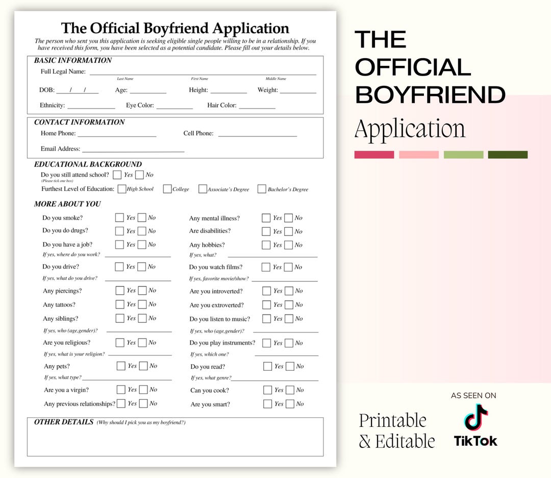 Boyfriend Application | Gift for Boyfriend Casual Dating Fillable ...