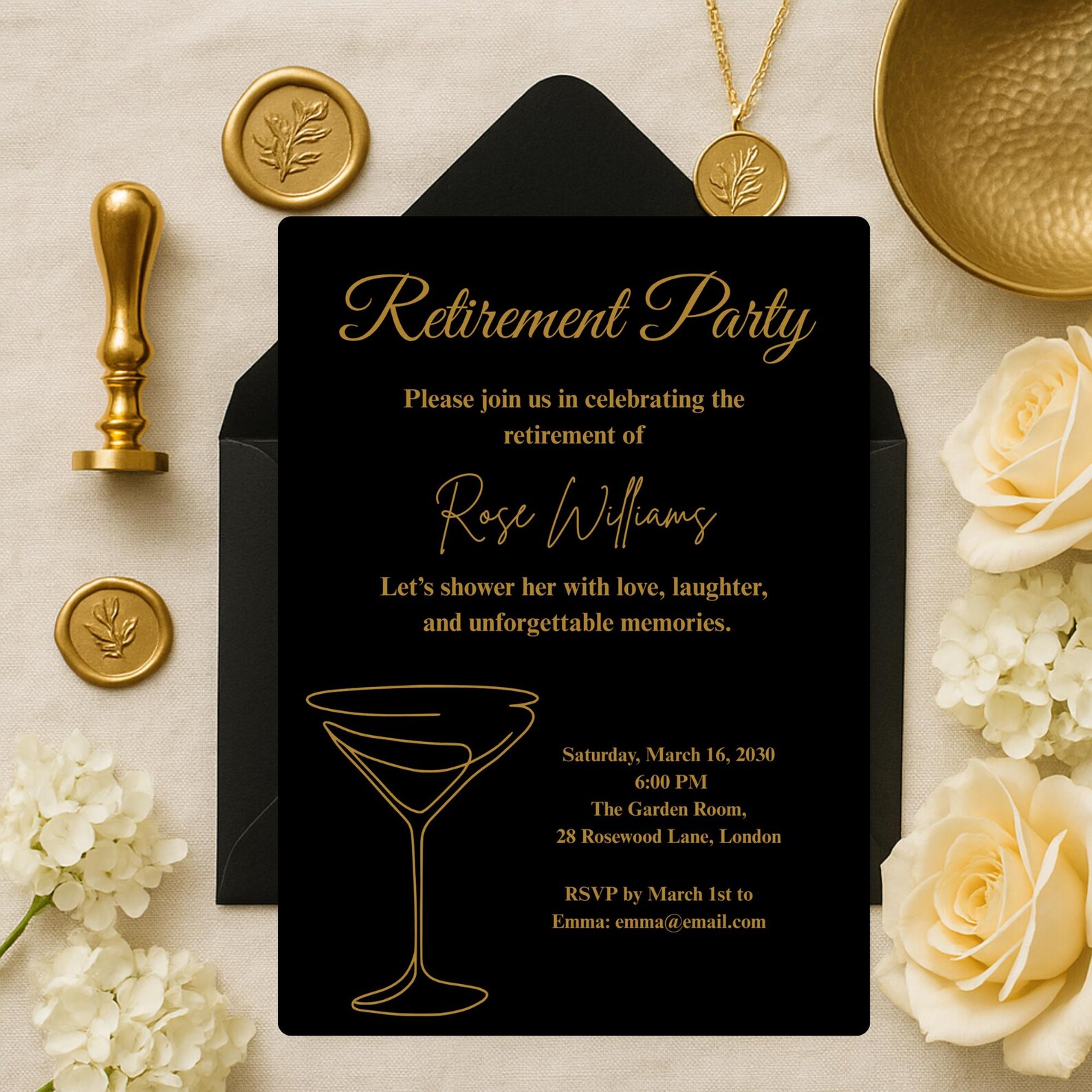 Black and Gold Retirement Invitation for Woman, Retirement Celebration ...
