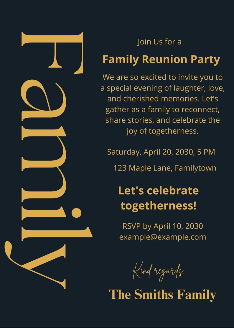 Black and Gold Family Reunion Invitation, Family Reunion Party Invite ...