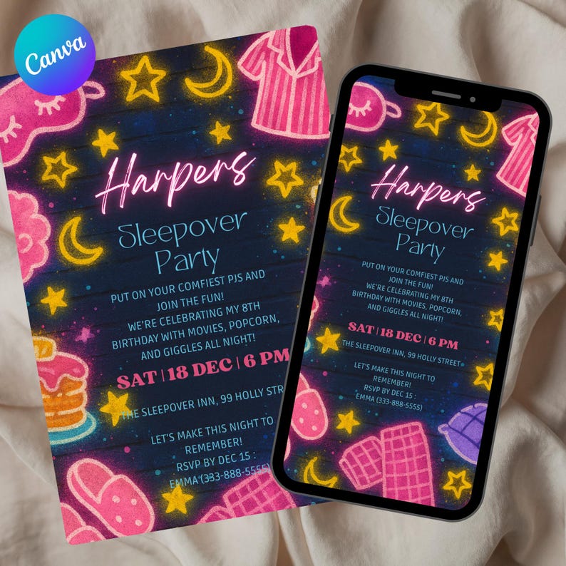 Editable Pink Sleepover Birthday Invitation: Pajama Party (digital ...