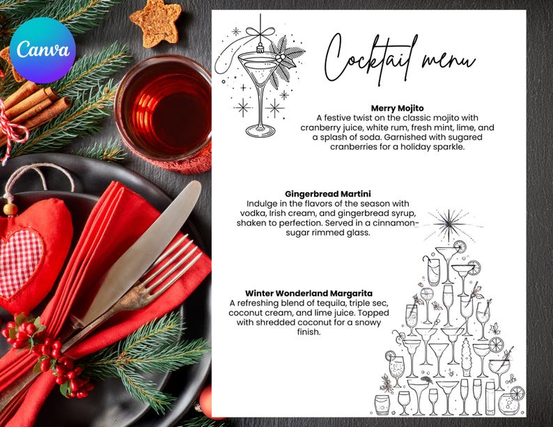 Black and White Christmas Cocktail Menu: Printable Holiday Party Drinks ...