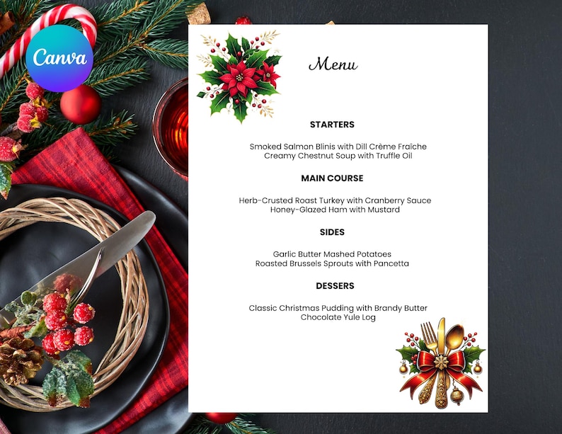 Editable Christmas Dinner Menu Template: Festive Holiday Design (PDF ...
