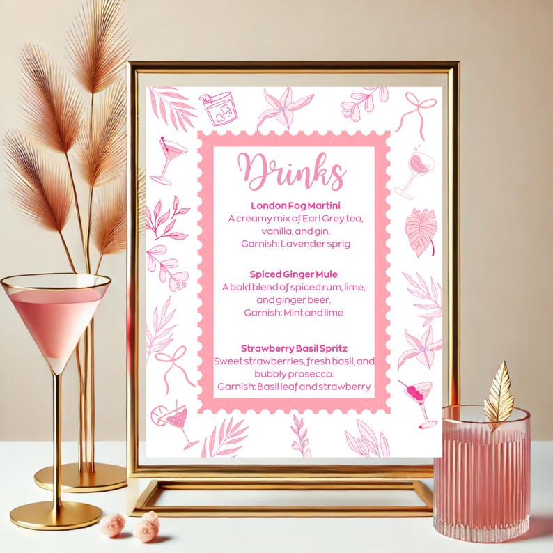 Pink Drink Menu Template: Wedding Bar Sign (digital Download) - Etsy