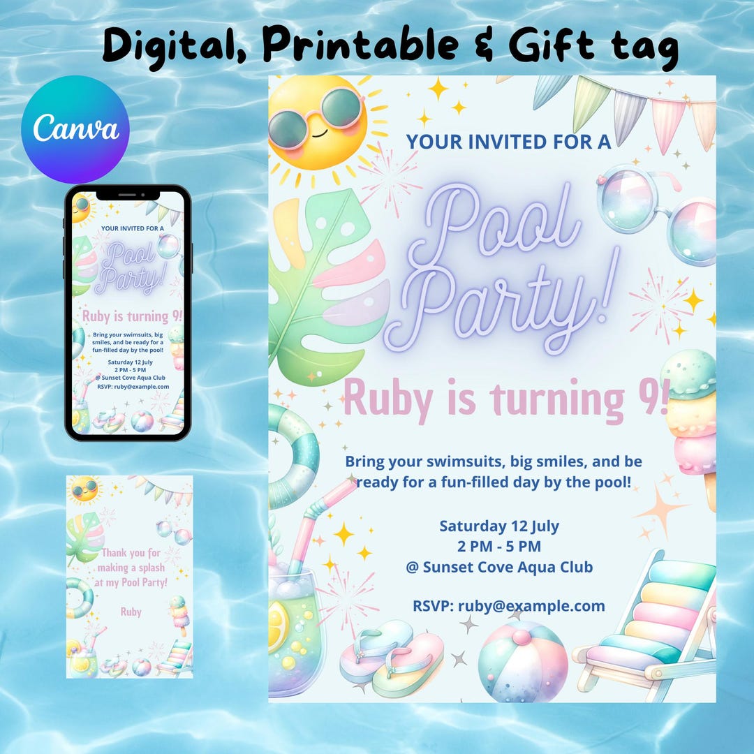 Sweet Pool Party Invitation Bundle, Pool Party Invite, 9th Birthday ...