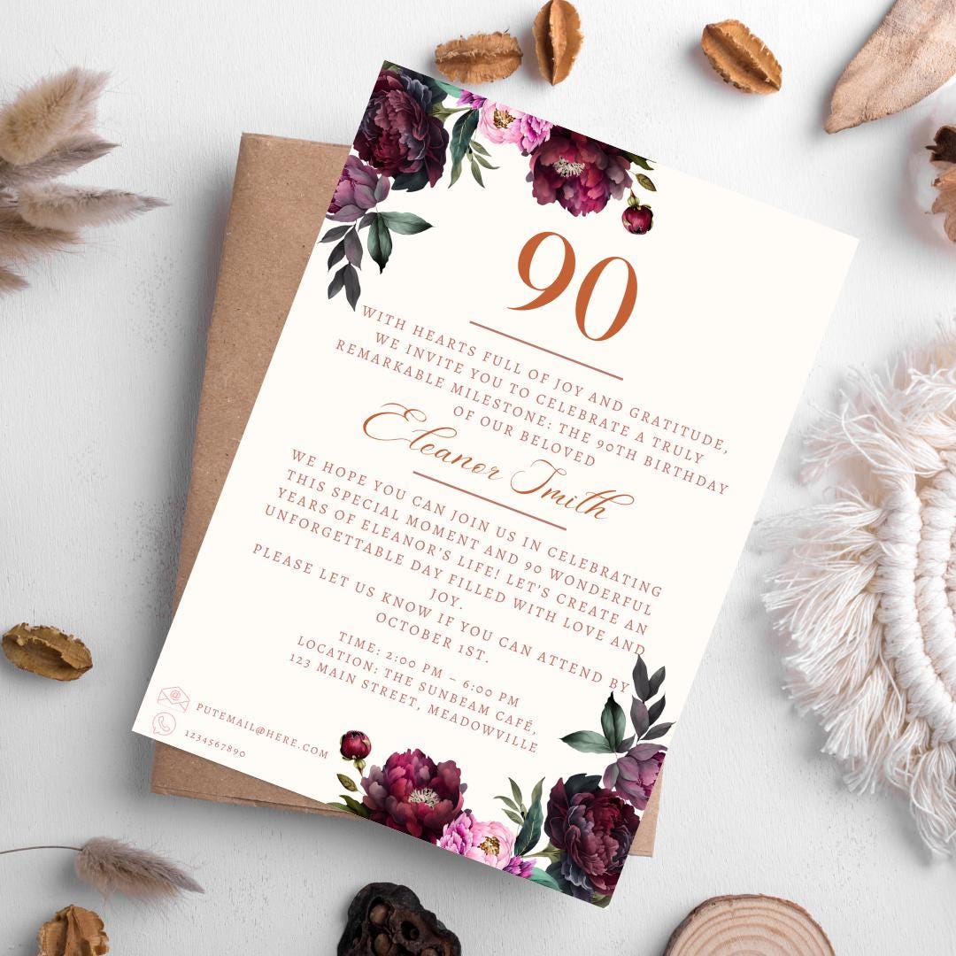 90th Birthday Invite, 90th Birthday Invitation, 90th Birthday Party ...