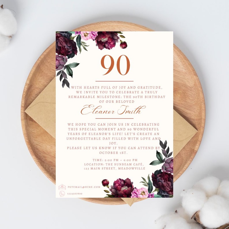 90th Birthday Invite, 90th Birthday Invitation, 90th Birthday Party ...