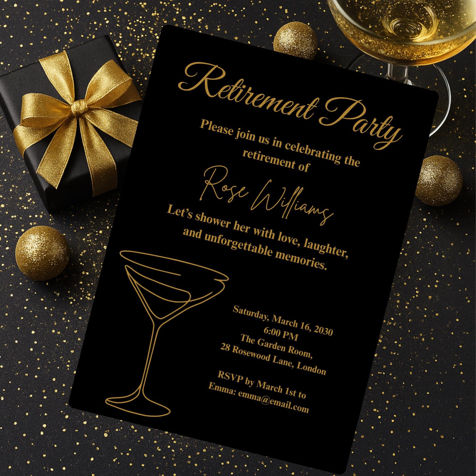 Black and Gold Retirement Invitation for Woman, Retirement Celebration ...