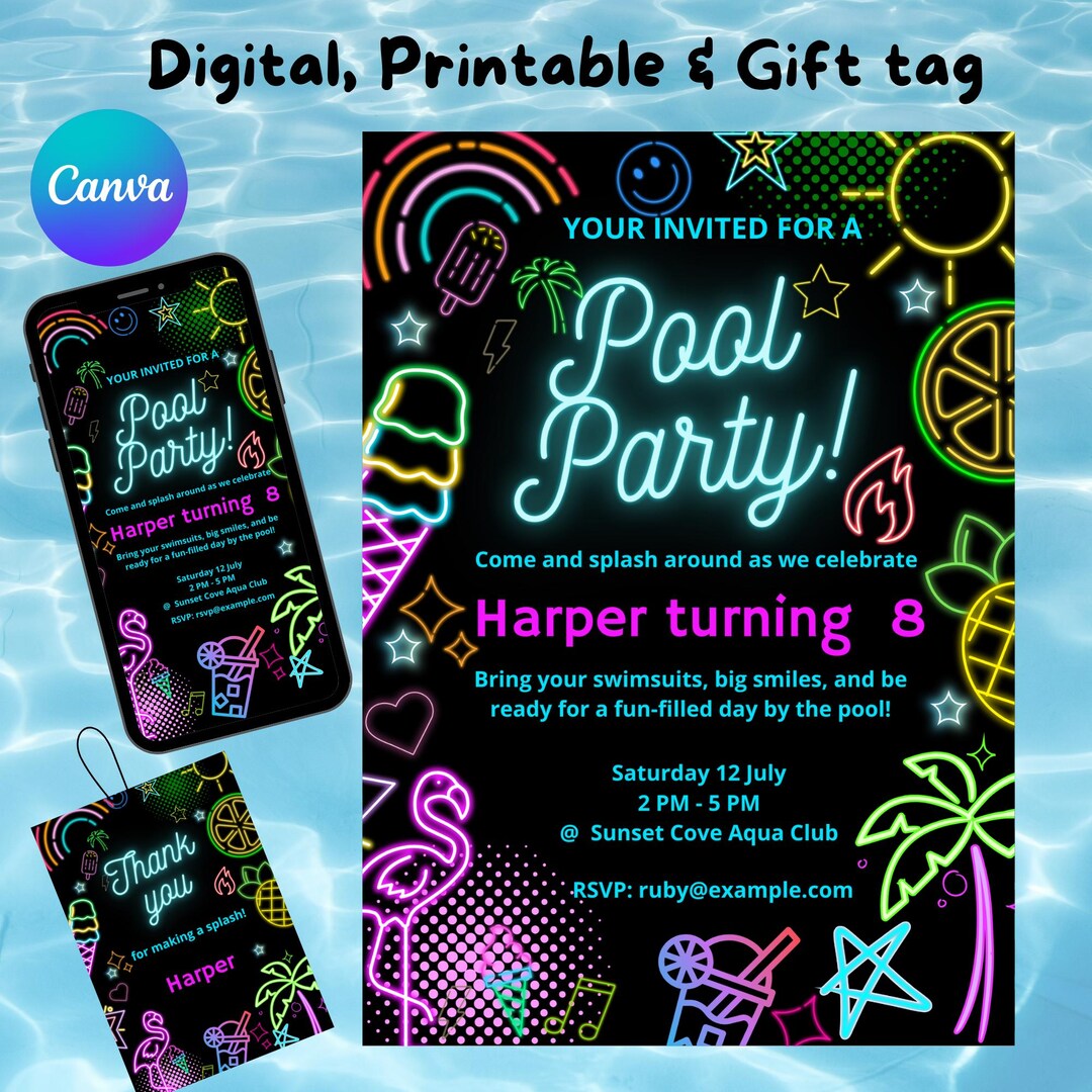 Neon Pool Party Invite Black, Pool Party Invitation for Girls and Boys ...