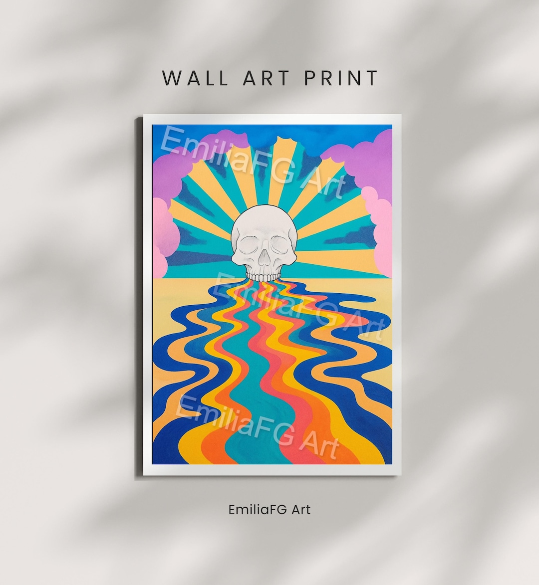 Psychedelic Skull Sunrise Print | Trippy Retro Wall Art (digital ...