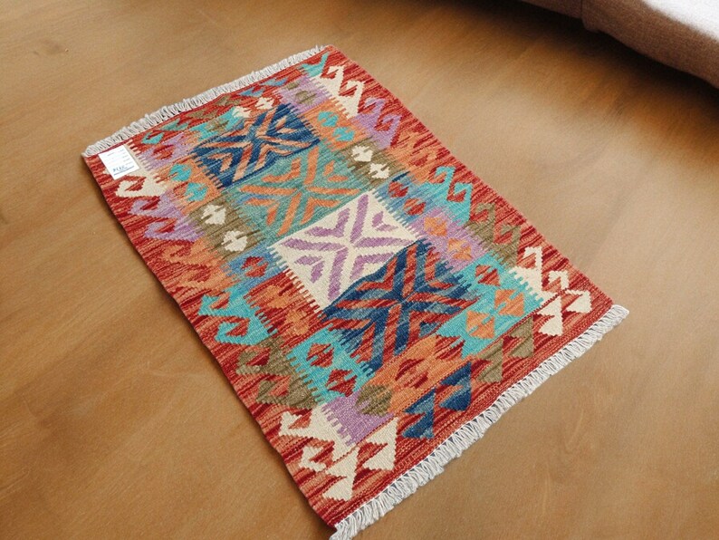 Colorful Handmade Artisan Afghan Kilim Rug, Vibrant Geometric Diamond ...