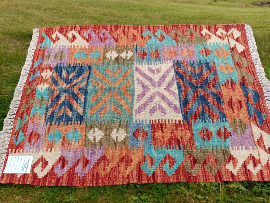 Colorful Handmade Artisan Afghan Kilim Rug, Vibrant Geometric Diamond ...