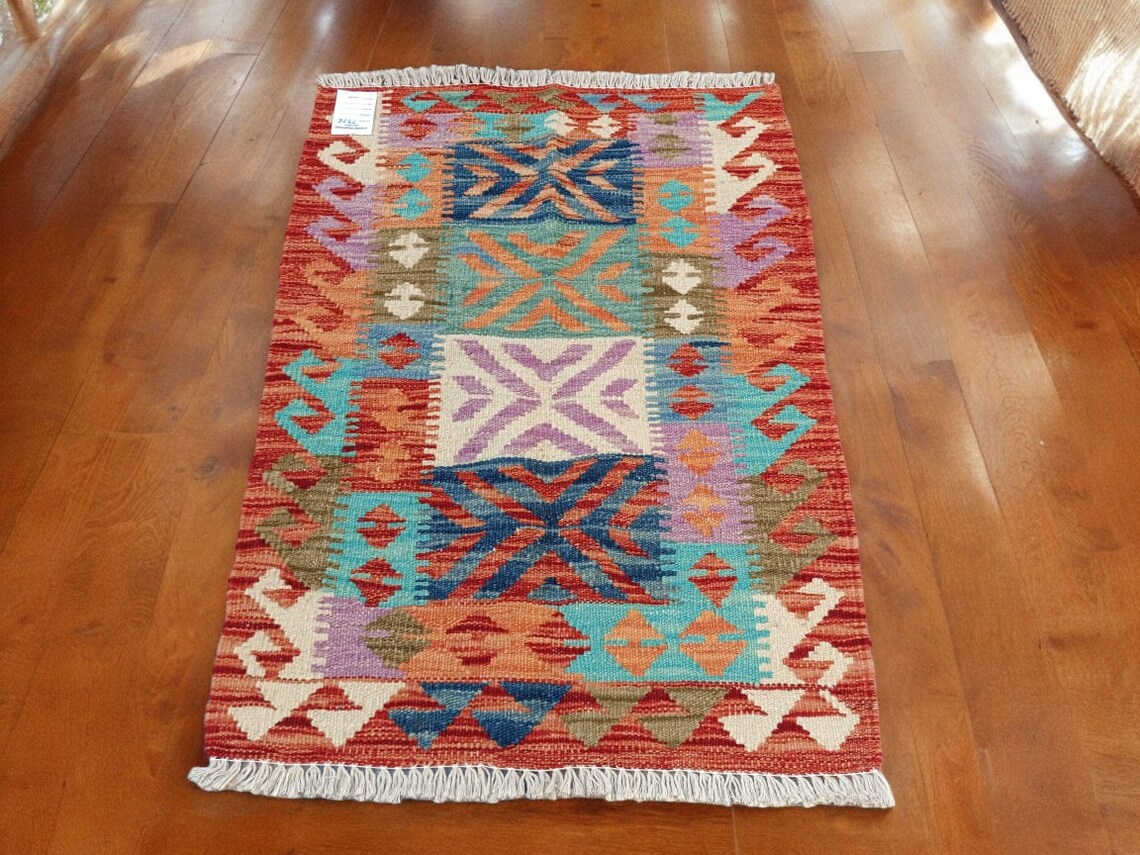 Colorful Handmade Artisan Afghan Kilim Rug, Vibrant Geometric Diamond ...