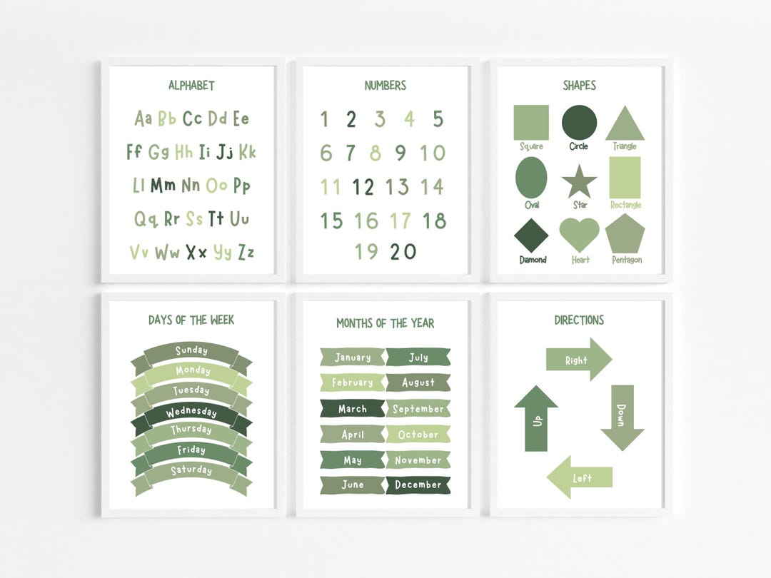 Set of 6 Green Educational Wall Art, Classroom Posters, Homeschool ...