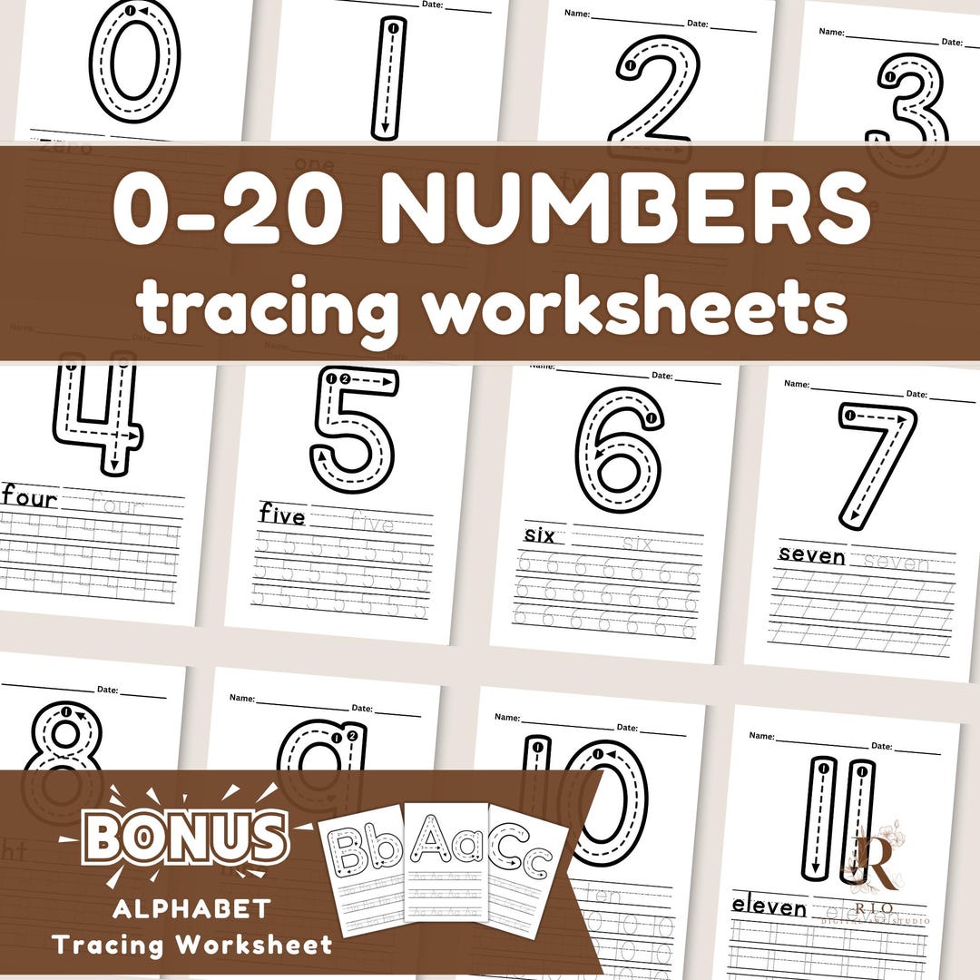 0-20 Number Tracing Worksheets: Prek, Kindergarten Handwriting Practice ...