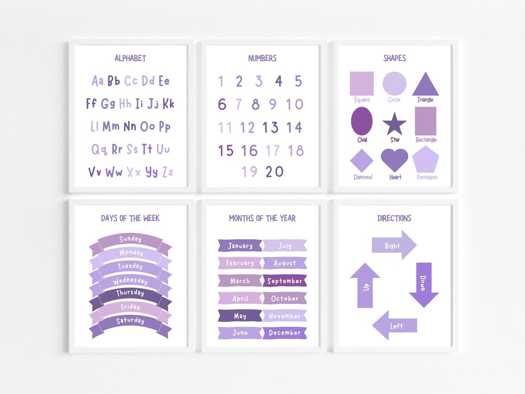 Set of 6 Purple Educational Wall Art, Classroom Posters, Homeschool ...