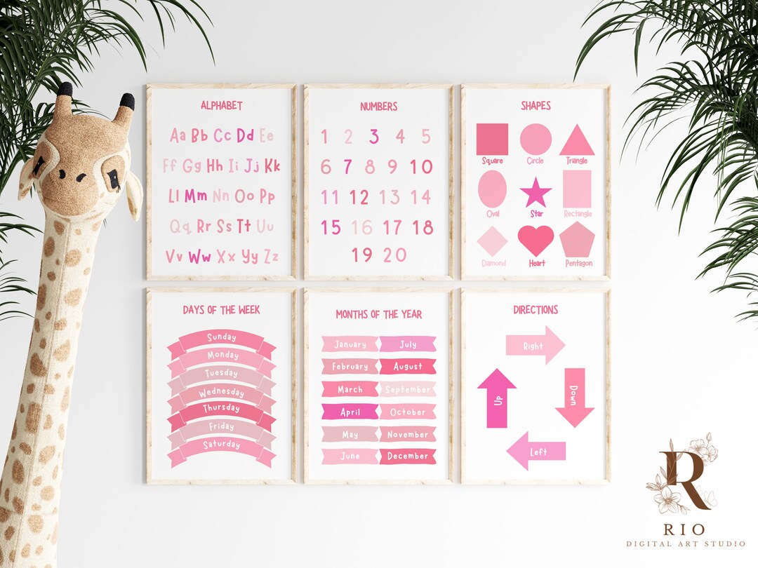 Pink Educational Posters: Alphabet, Numbers, Shapes - Set of 6 (digital ...