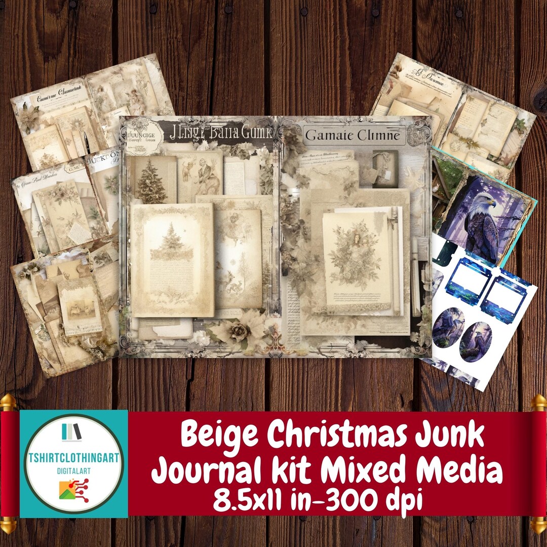 Beige Christmas Junk Journal Kit Mixed Media, Christmas Junk Journal ...