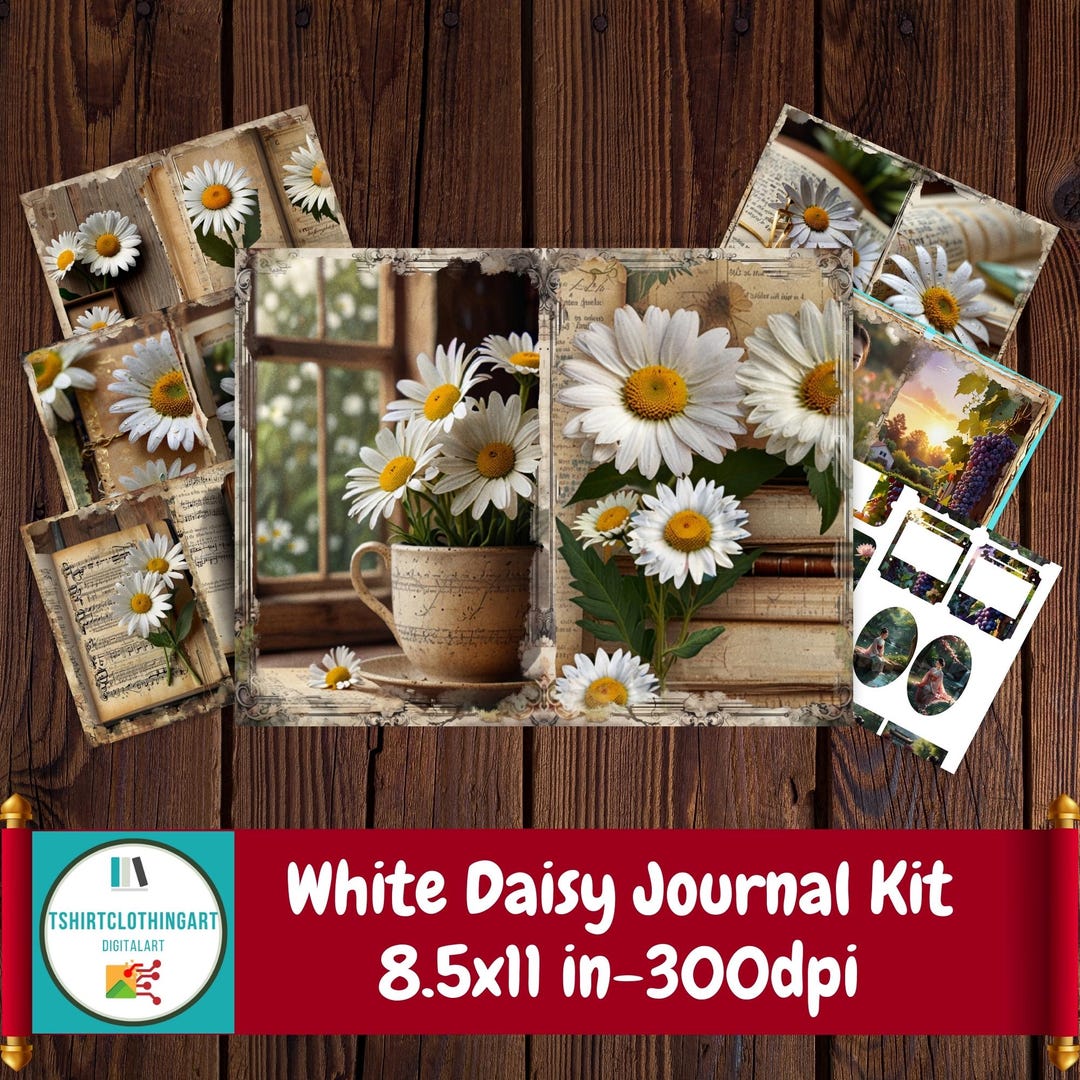 White Daisy Journal Kit, Digital Junk Journal Pages, Printable Journal ...