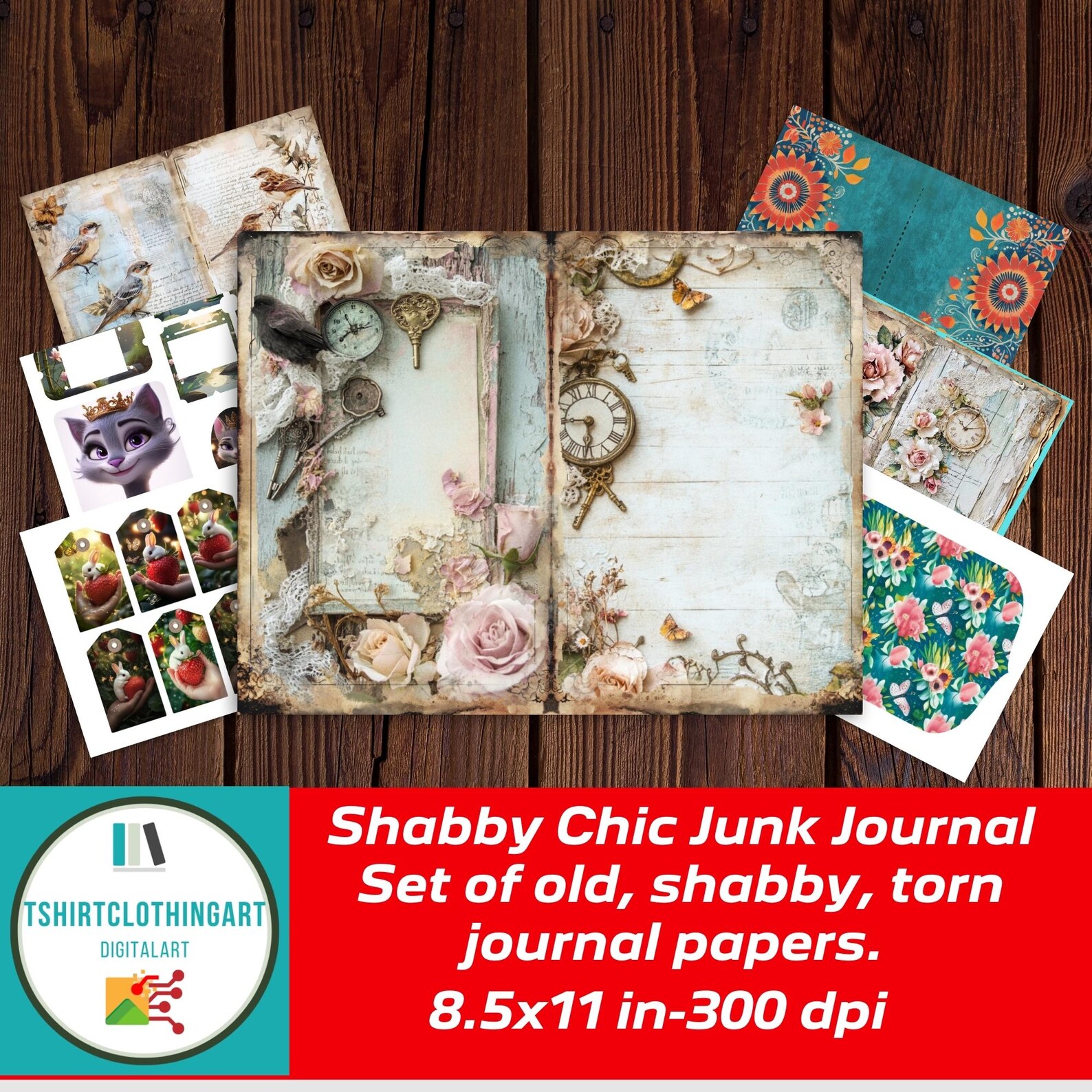 Shabby Chic Junk Journal Kit Pastel Vintage Papers With Clocks, Birds ...