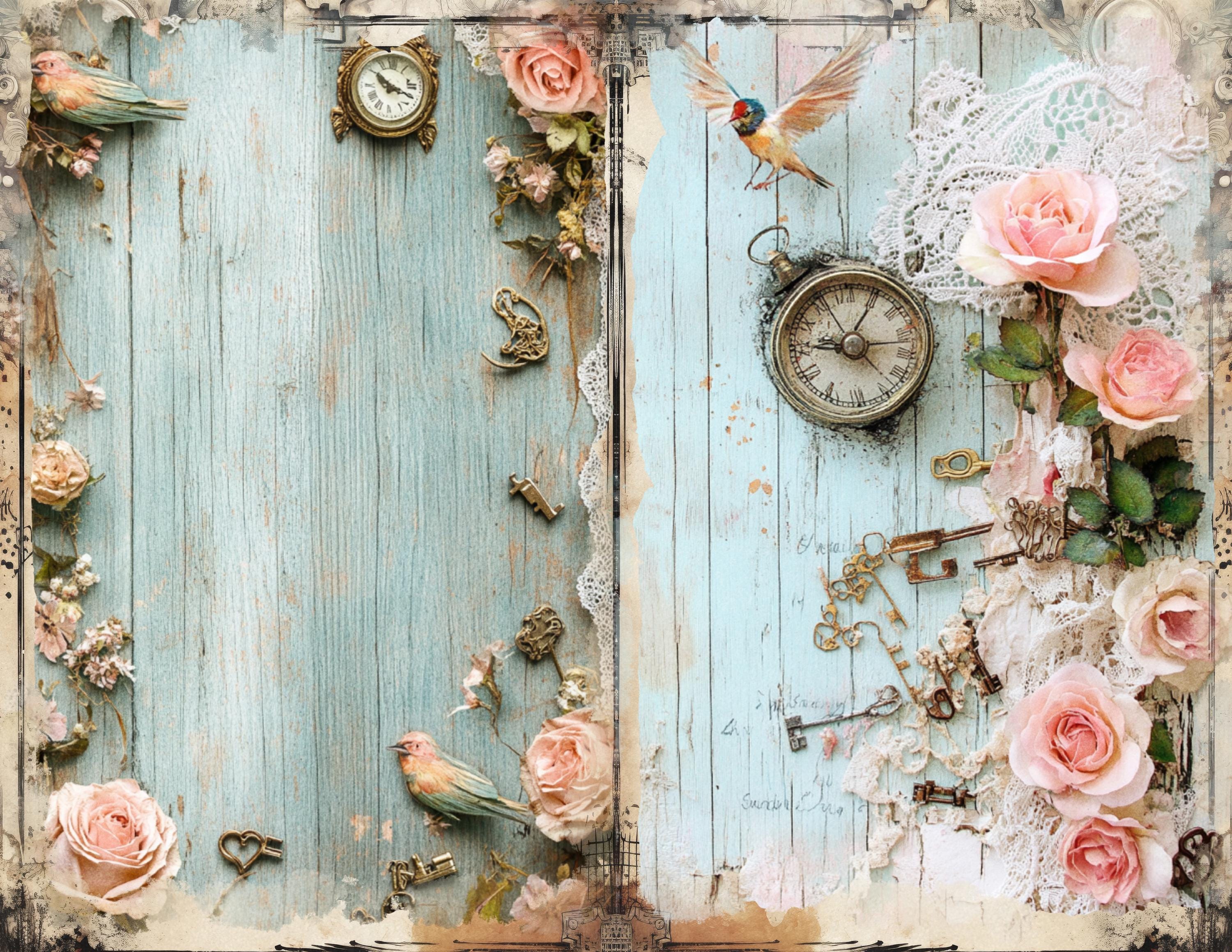 Shabby Chic Junk Journal Kit Pastel Vintage Papers With Clocks, Birds ...