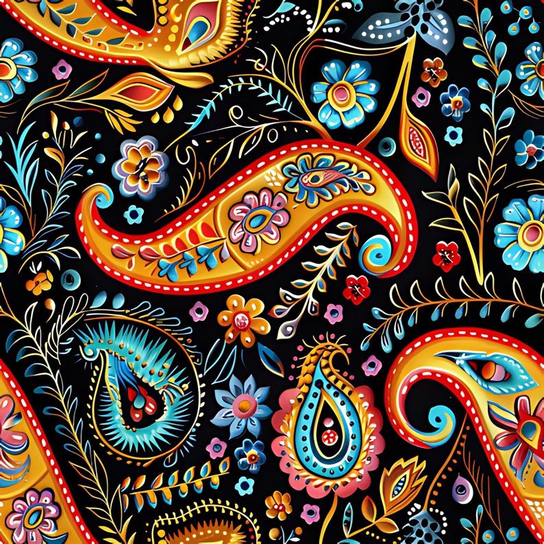 Folklore Paisley emboidery Seamless Patterns Vintage Floral Paisley ...