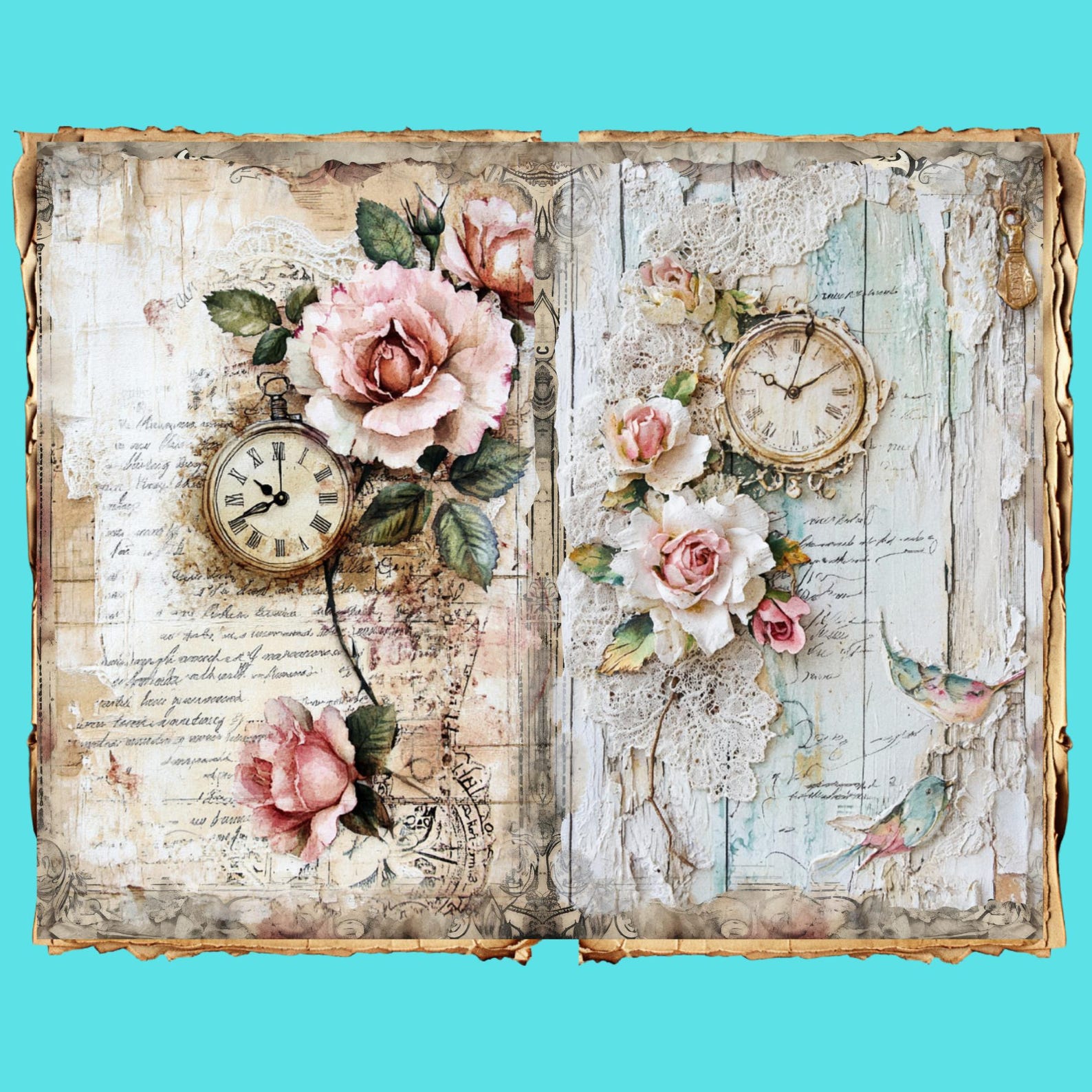 Shabby Chic Junk Journal Kit Pastel Vintage Papers With Clocks, Birds ...