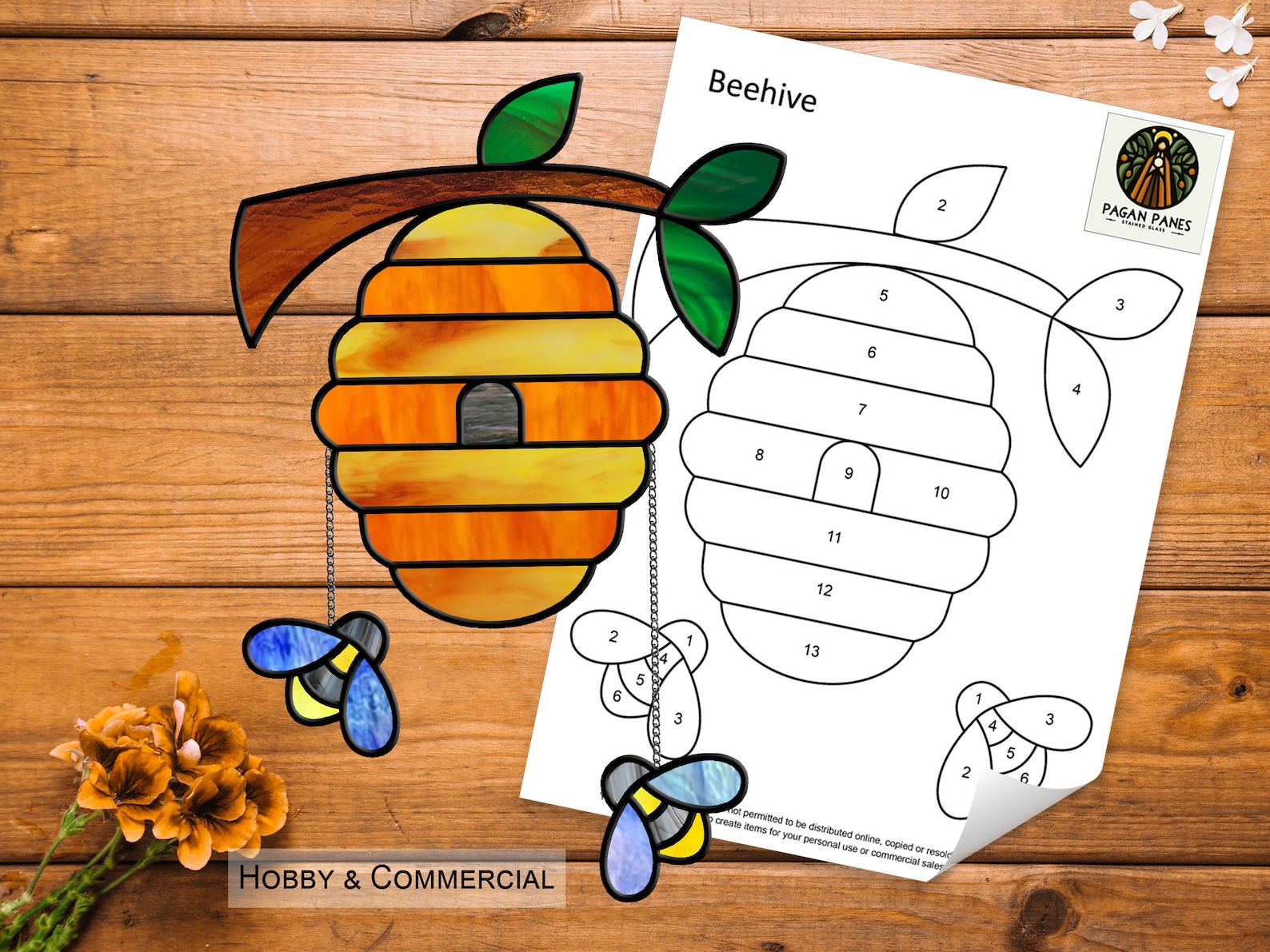 Beehive and Bees Stained Glass Pattern, Suncatcher, DIY Stained Glass ...