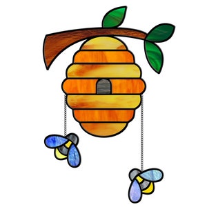 Beehive and Bees Stained Glass Pattern, Suncatcher, DIY Stained Glass ...