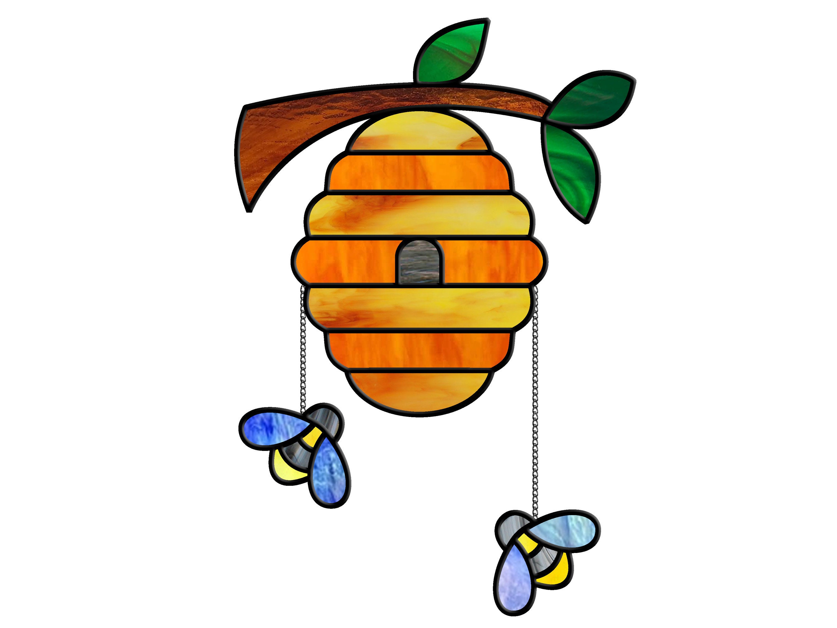 Beehive and Bees Stained Glass Pattern, Suncatcher, DIY Stained Glass ...