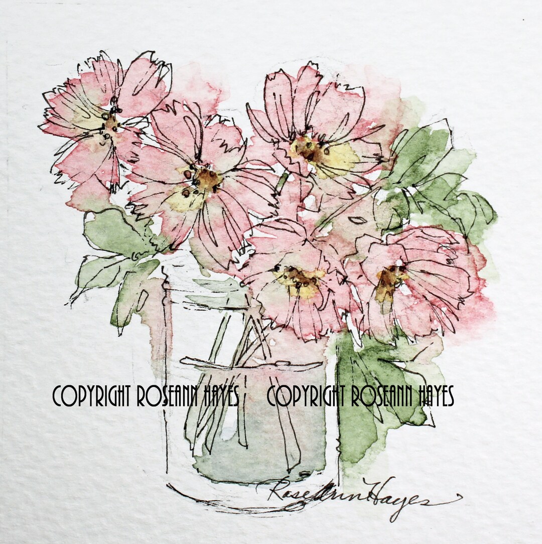 Pink Cosmos Wildflower Watercolor Painting Original Flowers Square - Etsy
