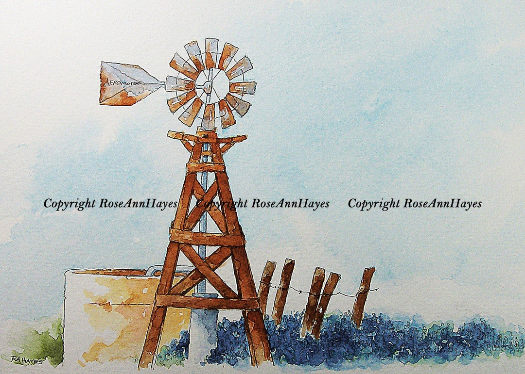 Windmill Bluebonnets Wildflowers Watercolor Landscape Print of Painting ...