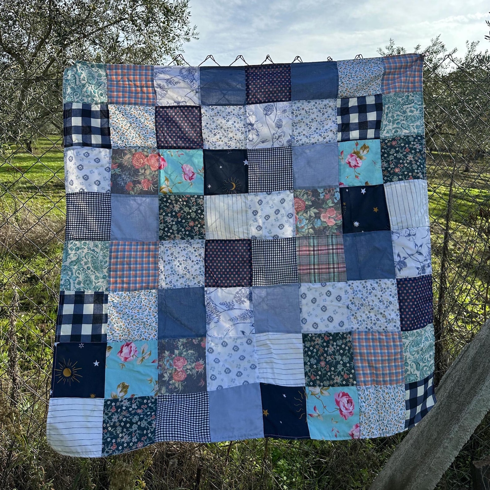 Handmade Blue Patchwork Geometric Blanket in Cotton / Celebrating ...