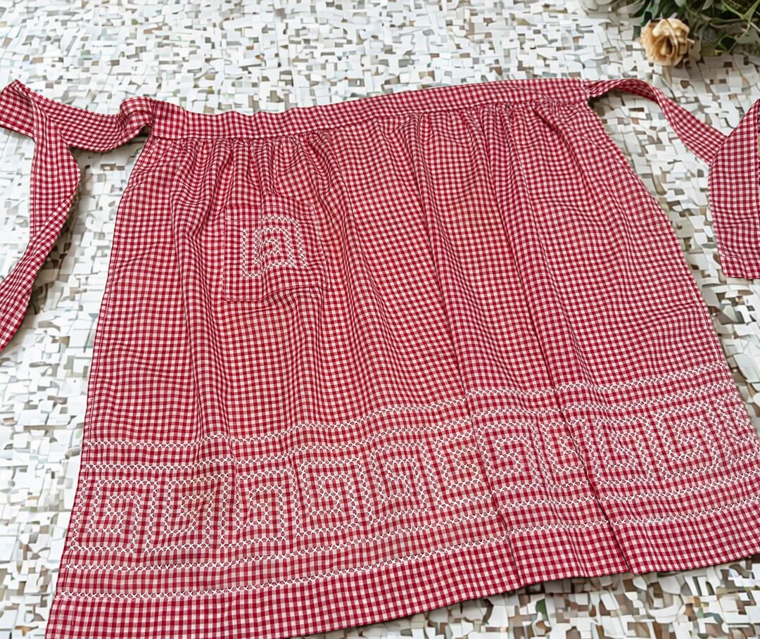 Vintage Half Apron Red White Check Patch Pocket Cottagecore Kitchen ...