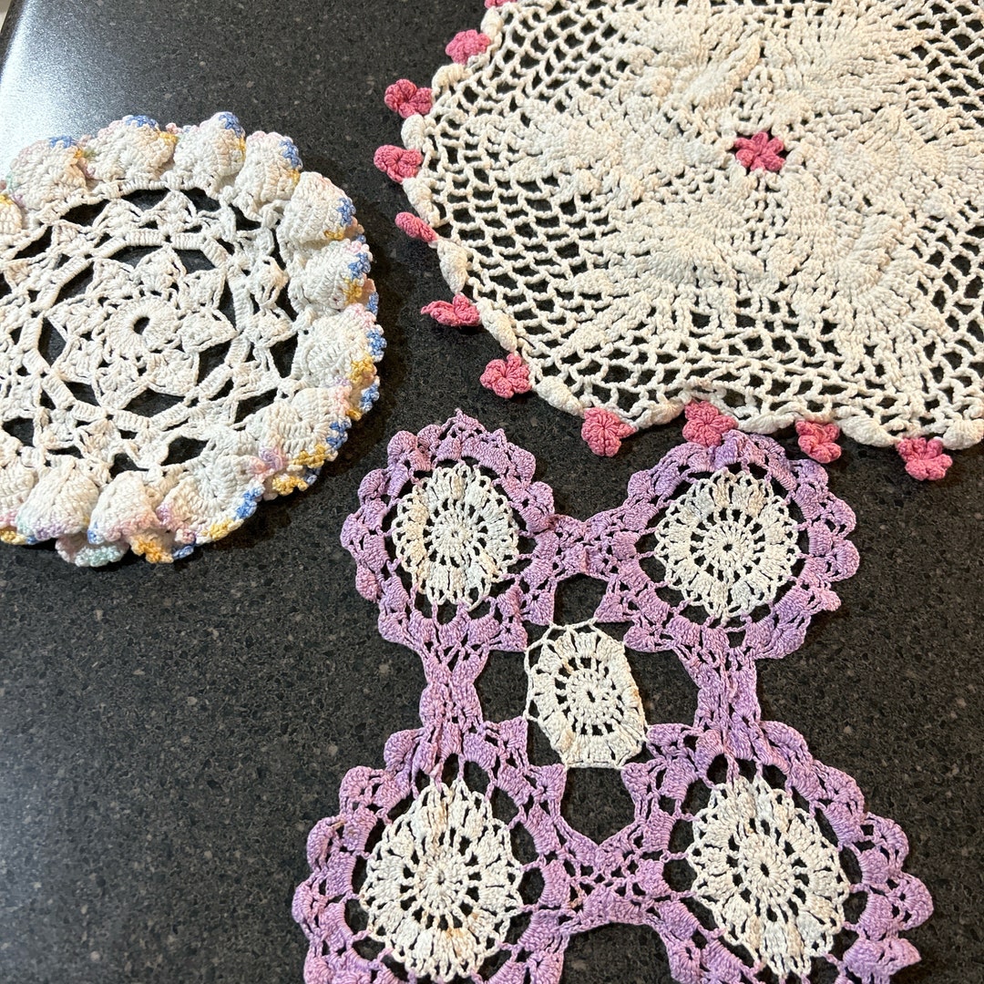 Cutter Lot of Three Hand Crocheted Doilies Doily Hand Made Pastels ...