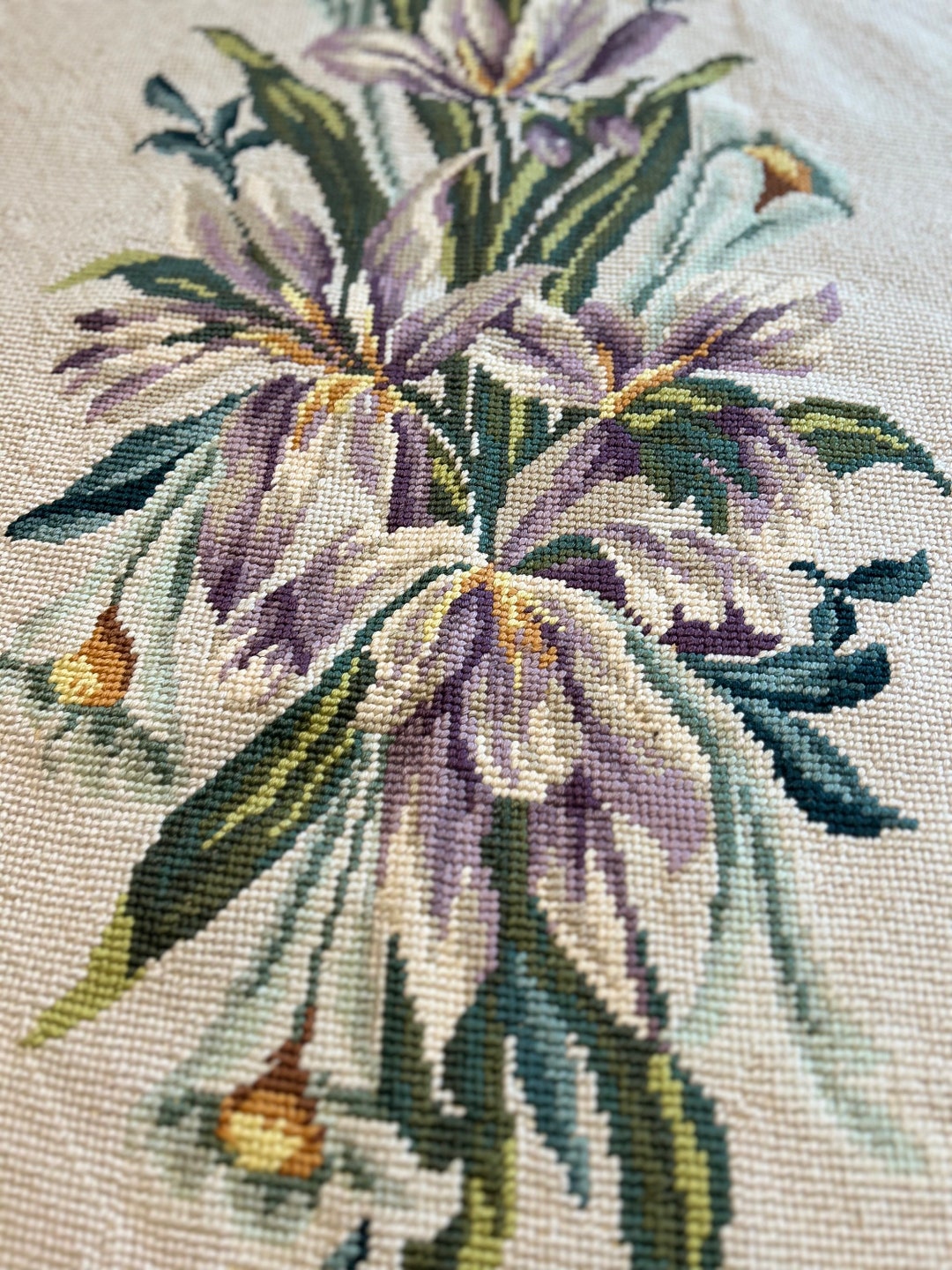 Handmade Needlepoint Rug Purple Iris Pattern on Beige Background 30 ...