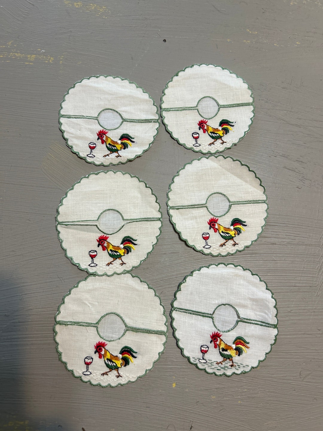 Vintage Linen Drink Coasters. Set of 6 With Embroidery Rooster. Opening ...