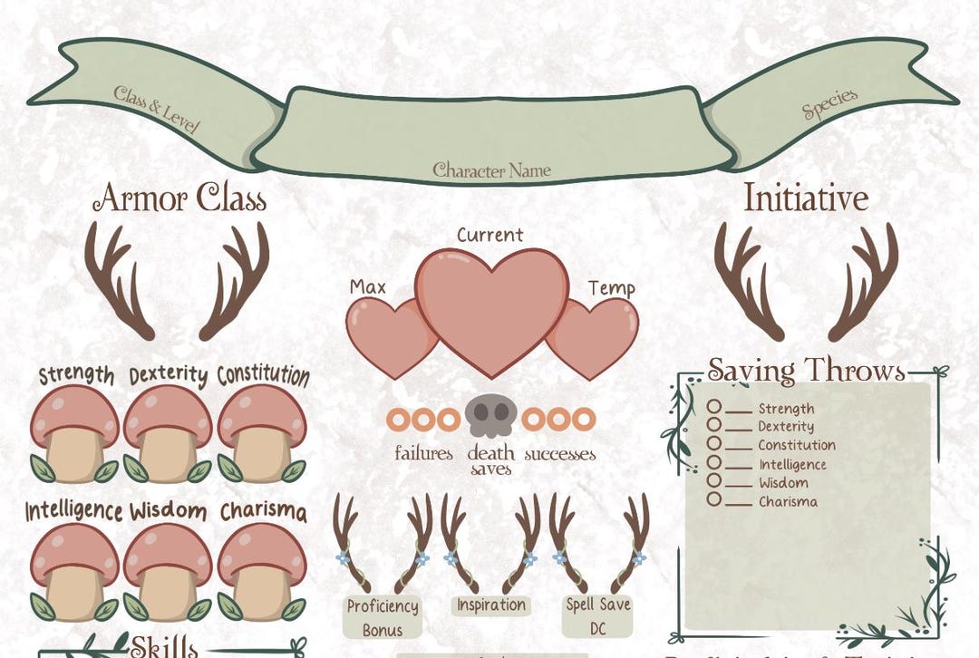 Cute Nature Theme Basic Dnd Character Sheets - Etsy