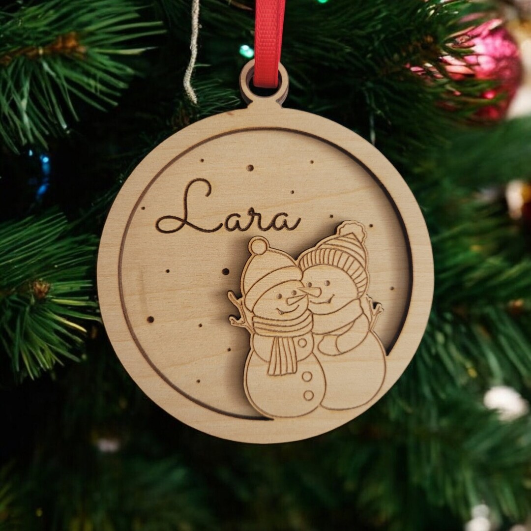 Wooden Bauble With Snowman Motif 10cm - Engraving With the Chosen Name ...