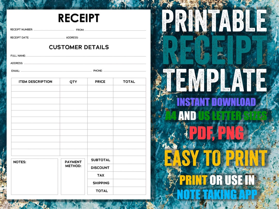 Minimalist Receipt Template Printable A4 & US Letter Size PDF/PNG ...