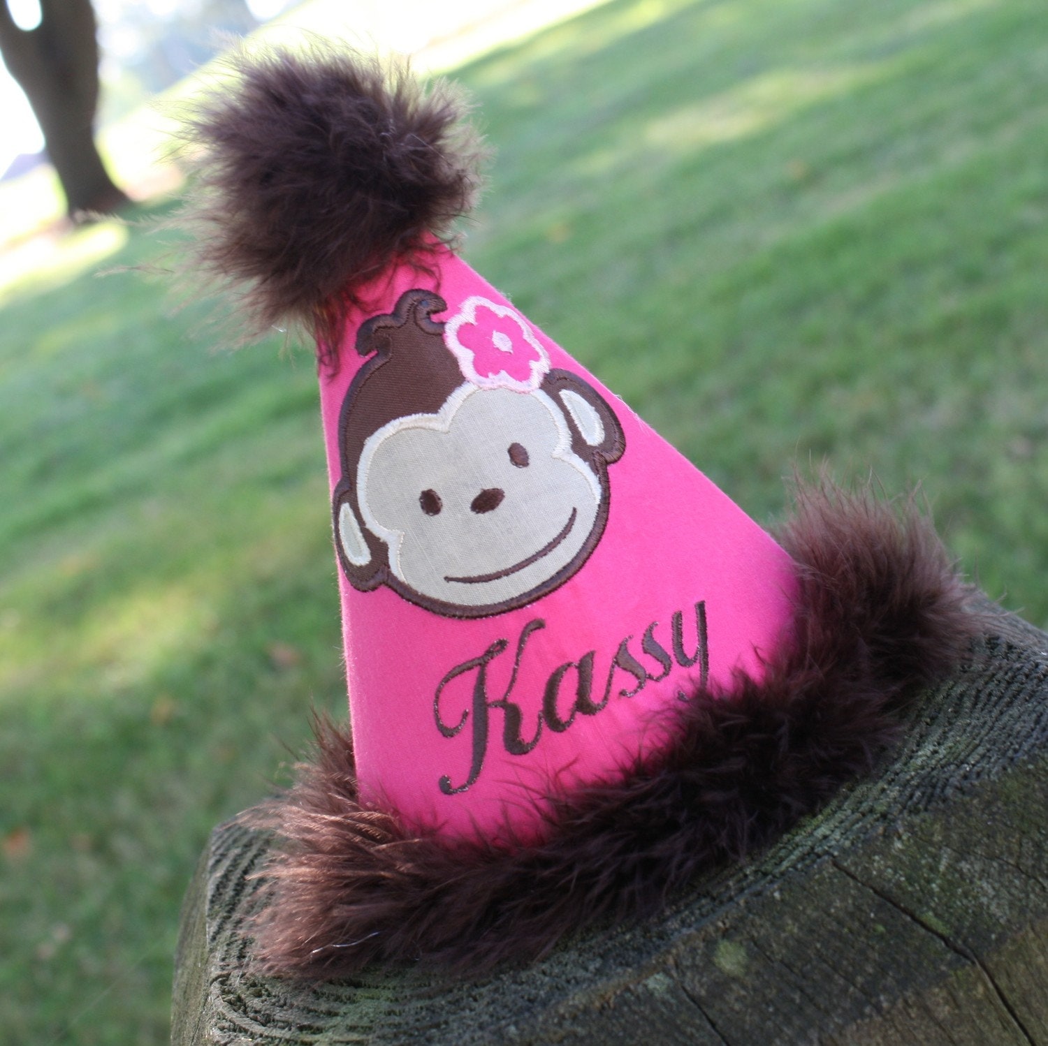 Personalized Modern Monkey Birthday Hat - Name - Girl - Pink & Brown ...