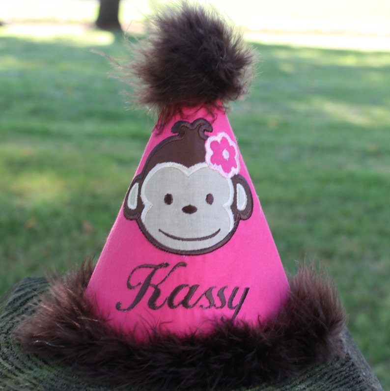 Personalized Modern Monkey Birthday Hat - Name - Girl - Pink & Brown ...