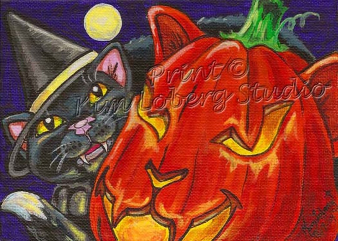 Witch's Black Cat Pumpkin Cat-o-lantern Moon Halloween - Etsy