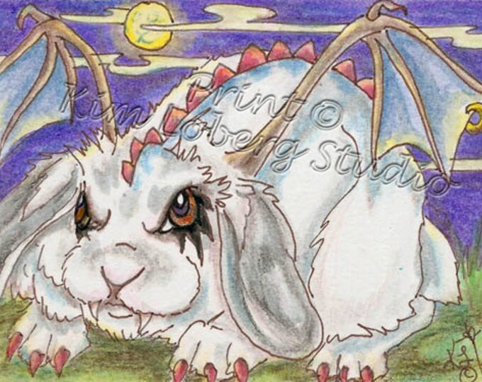 Goth Rabbit Evil Demon Wing Halloween Bunny ACEO Mini Art Print Kim ...