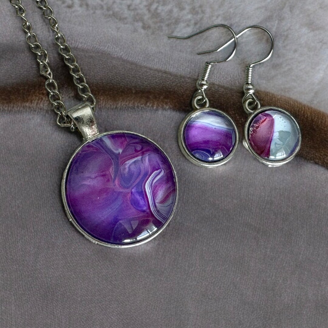 Artistic Purple Floral Fluid Art Acrylic Jewelry Set: Earrings and ...