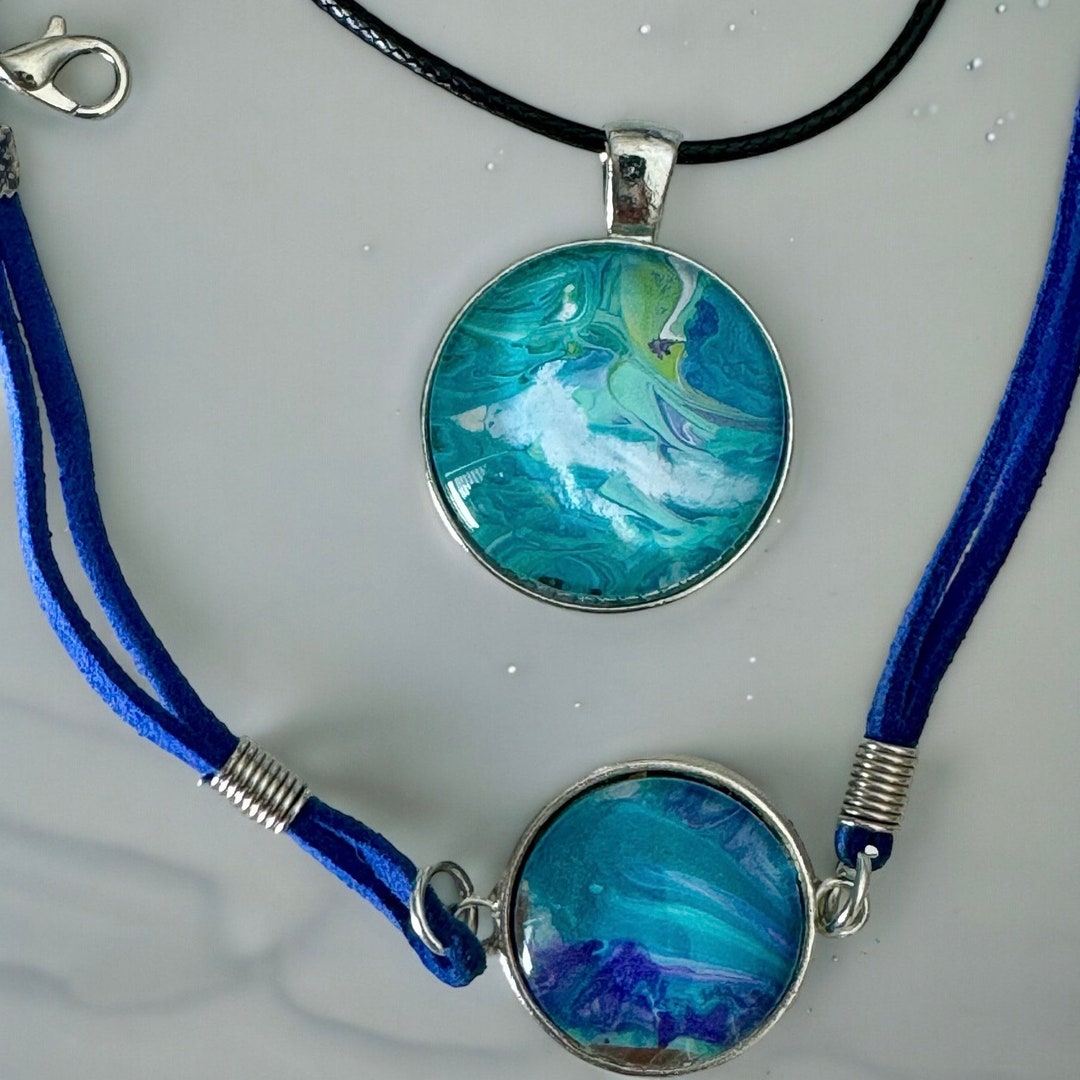Beautiful Cyan Sea Blue Jewelry Set With Stylish Leather Accents - Etsy