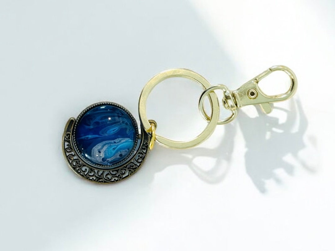 Gold blue Swirl Moon Spinner Fluid Art Pendant, Key Ring Handcrafted ...