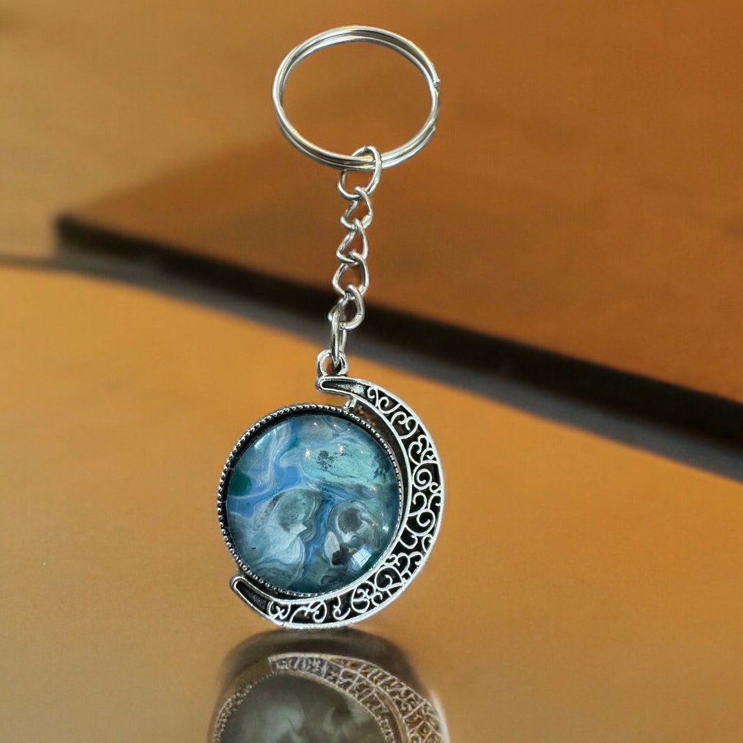 Circular Silver, blue Swirl Moon Spinner Fluid Art Pendant, Key Ring ...