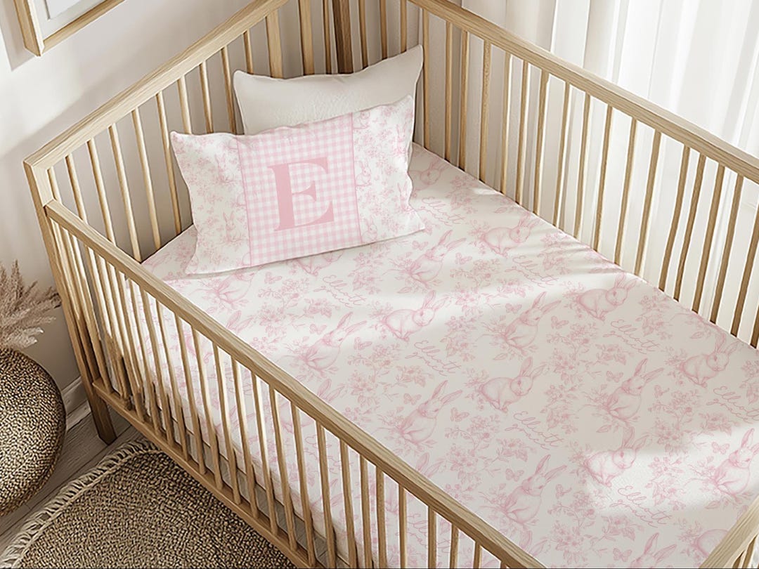 Pink Toile Bunny Crib Sheet: Girl Nursery Decor, Rabbits & Butterflies ...